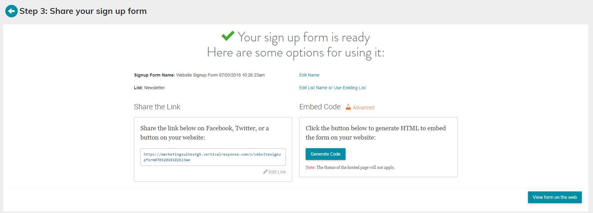 Share Your Sign up Form – Verticalresponse
