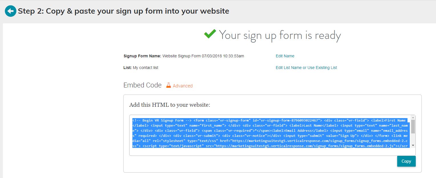 Share Your Sign up Form – Verticalresponse